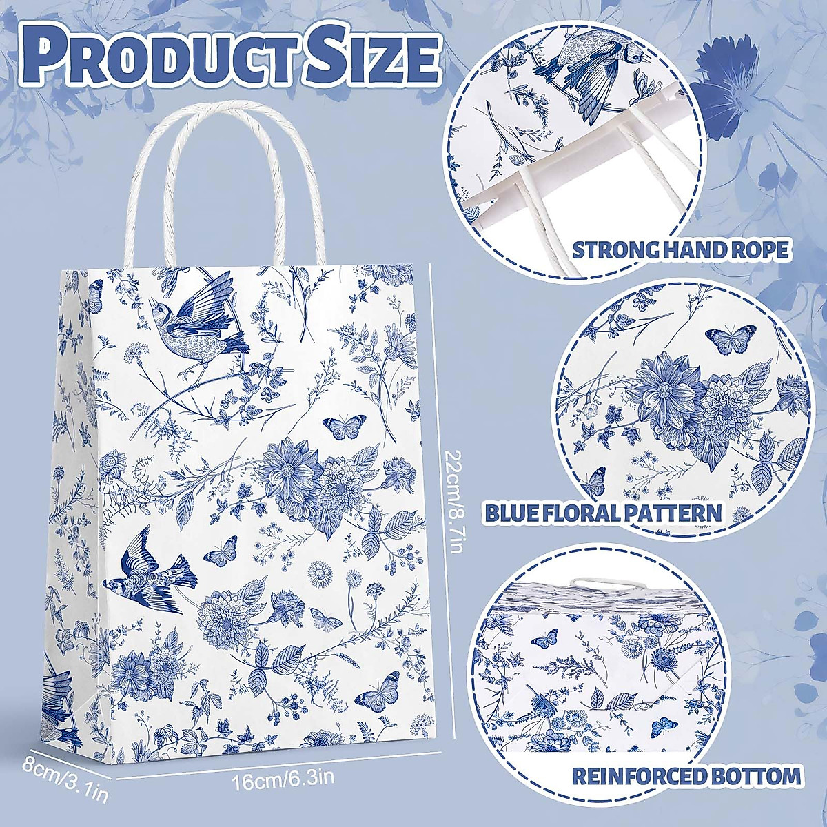 AnyDesign 16Pcs Floral Paper Gift Bags Blue White Party Bags with Handles Chinoiserie Hydrangea Branches Decorative Packaging Bags for Wedding Birthday Party Supply