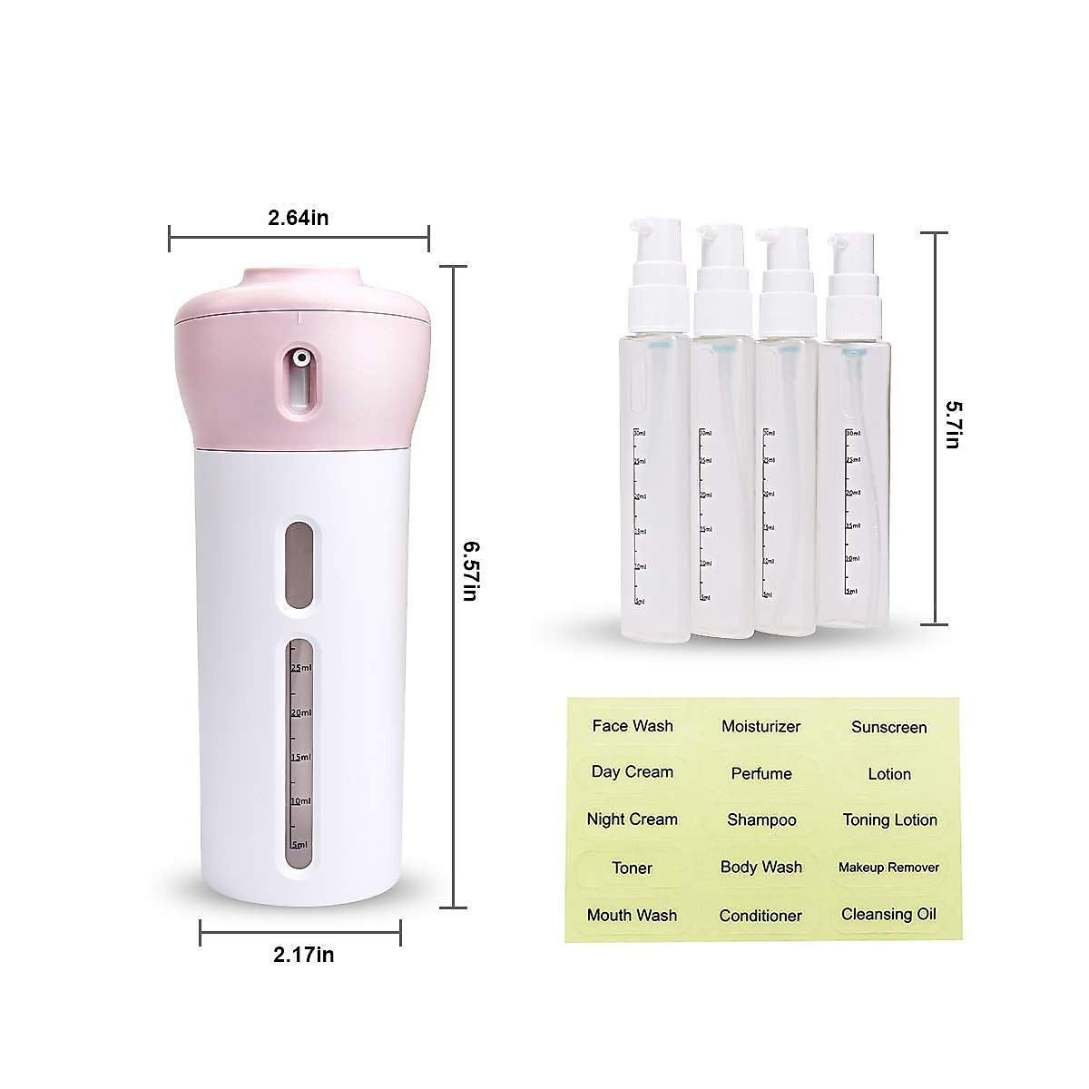 Travigo 4-in-1 Travel Dispenser Bottle, TSA Approved,Includes Four Empty Reusable 1.4 oz. (40 mL) Cosmetic Toiletry Containers for Sanitizer, Soap, Lotions, Skincare, Makeup Products (Pink)