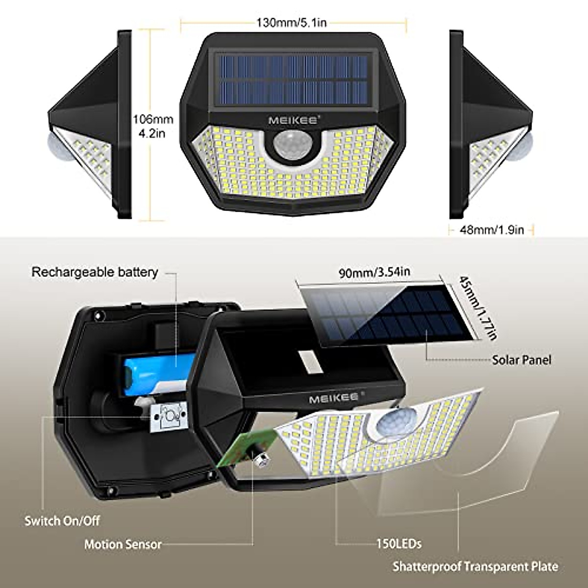 MEIKEE Solar Lights Outdoor Motion Sensor, 150 LEDs 2700K Warm White Solar Motion Light Outdoor 270° Wide Angle, IP65 Waterproof Solar Security Lights for Garden Patio Yard Deck Garage Fence -4 Pack