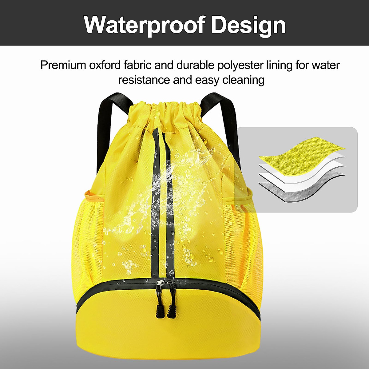 Hoedia Sports Drawstring Backpack - String Swim Gym Bag with Shoes Compartment and Wet Proof Pocket for Women/Men (Yellow)