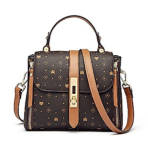 PVC Leather Handbags for Women, Faux Leather Ladies Small Monogram Top-handle Bags with Adjustable Shoulder Strap Mini Crossbody Zipper Bags Womens Signature Satchel Purses and Handbags Girls (Brown)