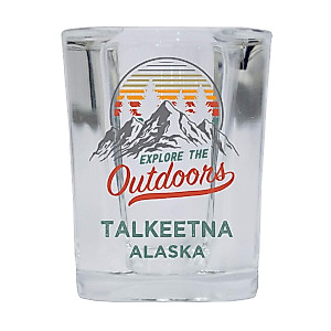 R and R Imports Talkeetna Alaska Explore the Outdoors Souvenir 2 Ounce Square Base Liquor Shot Glass