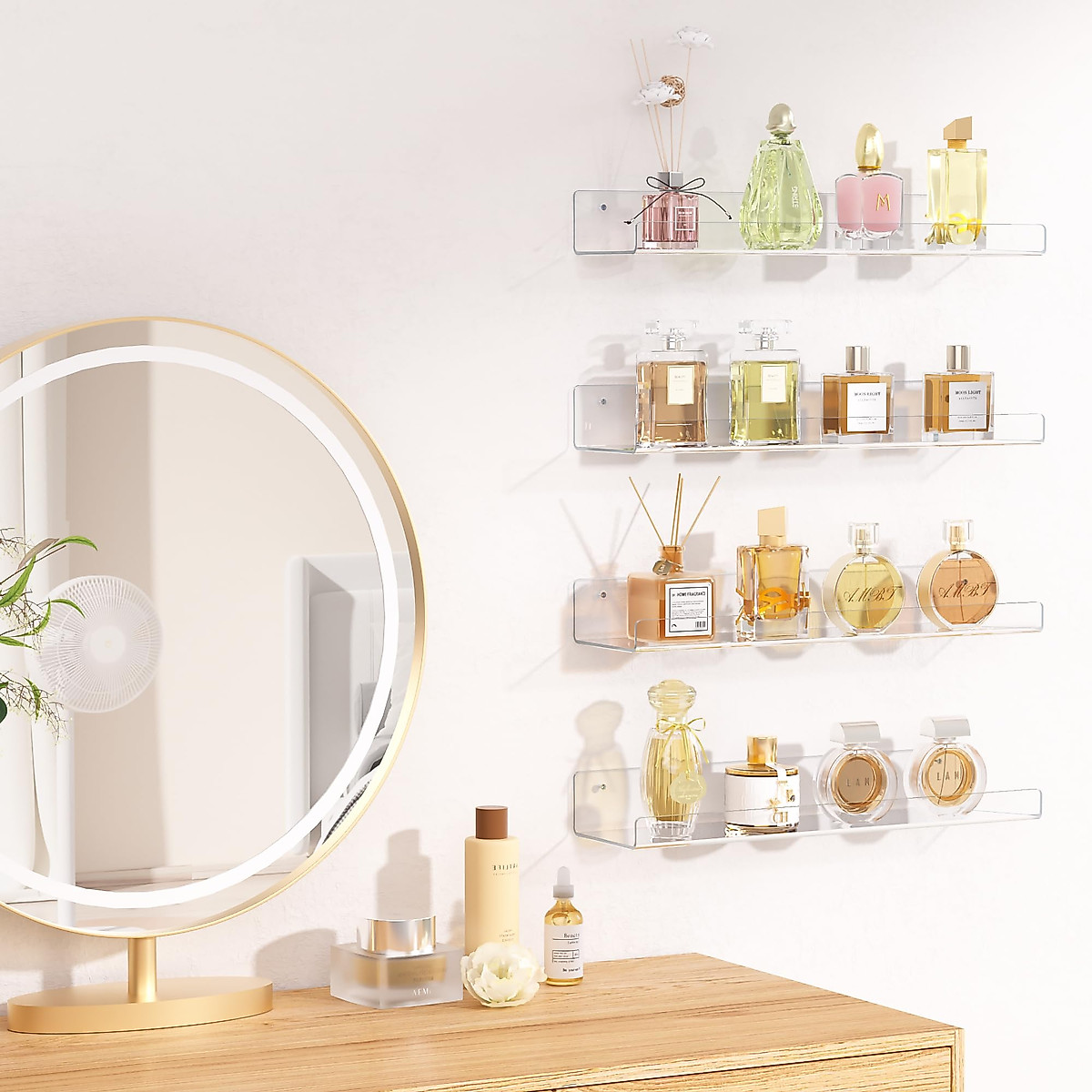 upsimples 16 Pack Acrylic Shelves for Wall Storage, 15" Floating Bookshelves for Kids, Display Shelf Organizer for Bathroom, Bedroom, Living Room, Kitchen, Room Decor, Clear