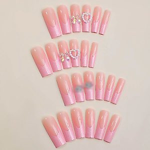 French Tip Press on Nails Long Square False Nails Tube Shape Pink Acrylic Nails with Rhinestones 3D Cat and Heart Bow Designs Glue on Nails Glitter Fake Nails Press Ons for Women 24pcs from QQPPOLIU
