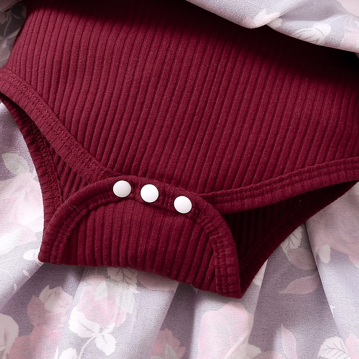 OPAWO Newborn Infant Baby Girl Dress Ribbed Bodysuit Romper Dress Long Sleeve Floral Girl Dresses Fall Winter Clothes(Burgundy,0-3 Months)