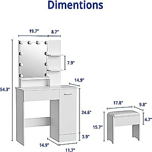 Bituman Makeup Vanity Table with Lighted Mirror, Modern Dressing Table with a Large Drawer White Vanity Set with Cushioned Stool Vanity Desk with Storage Cabinet for Women, Girls, Bedroom, White