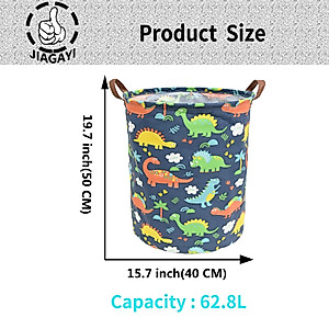 Foldable Laundry Hamper - JIAGAYI Large Round Waterproof Organizer with Handles,Home Storage,Room Toys Books Bin,Bedroom Clothes Nursery Basket.（Blue Dinosaurs）