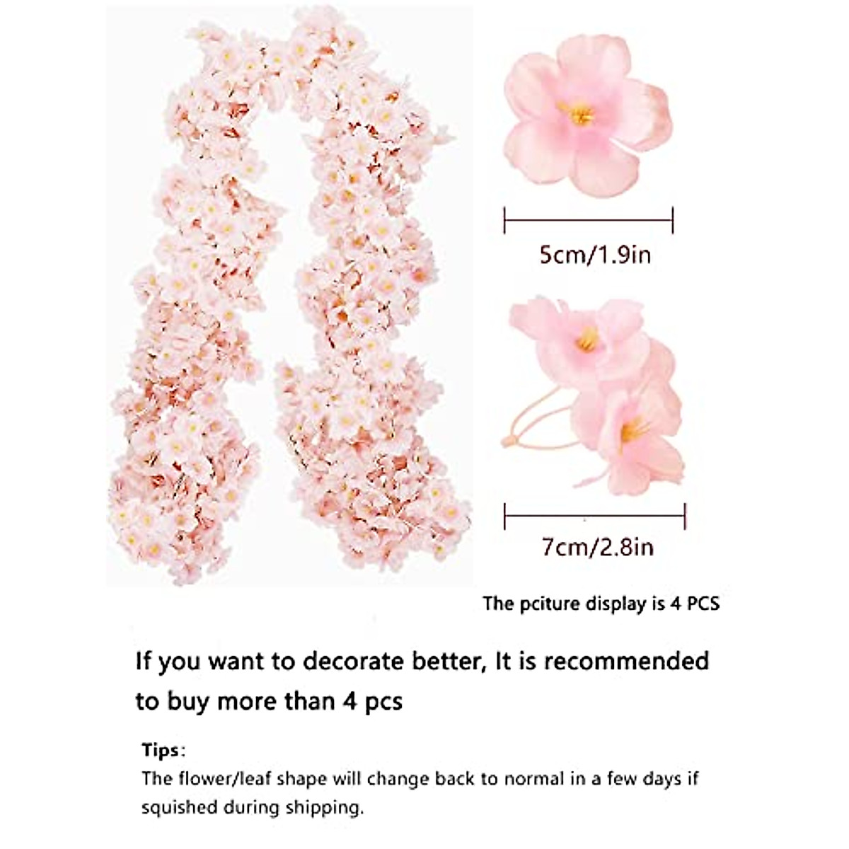 2pcs 11.8ft Artificial Cherry Blossom Flower Vines Fake Flower Garland Outdoors Hanging Silk Flowers Vines for Home Decor Pink Room Decor Wedding Party Japanese Kawaii Decor