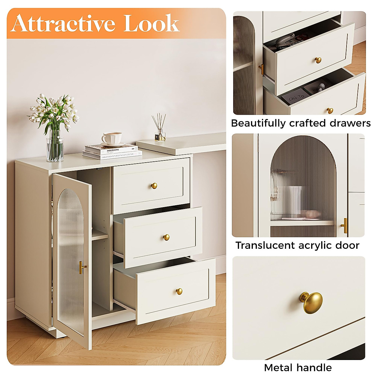 RoyalCraft Makeup Vanity Desk, Extendable Corner Vanity Makeup Table with 3 Drawers & 1 Door, Modern Dressing Table for Bedroom, Cream White Makeup Vanity Without Mirror