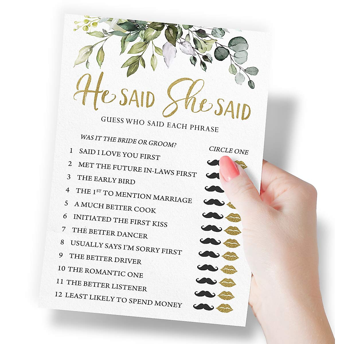 Printed Party Bridal Shower Games – He Said She Said Game with Fun Bride and Groom Trivia, Wedding Shower Activity, Botanical Eucalyptus Theme, 50 Guests