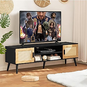 Quimoo Rattan TV Stand for 70 Inch TV, Entertainment Center, TV Console with Adjustable Shelf & 2 Cabinets, TV Stands for Living Room, Bedroom, Black+Natural