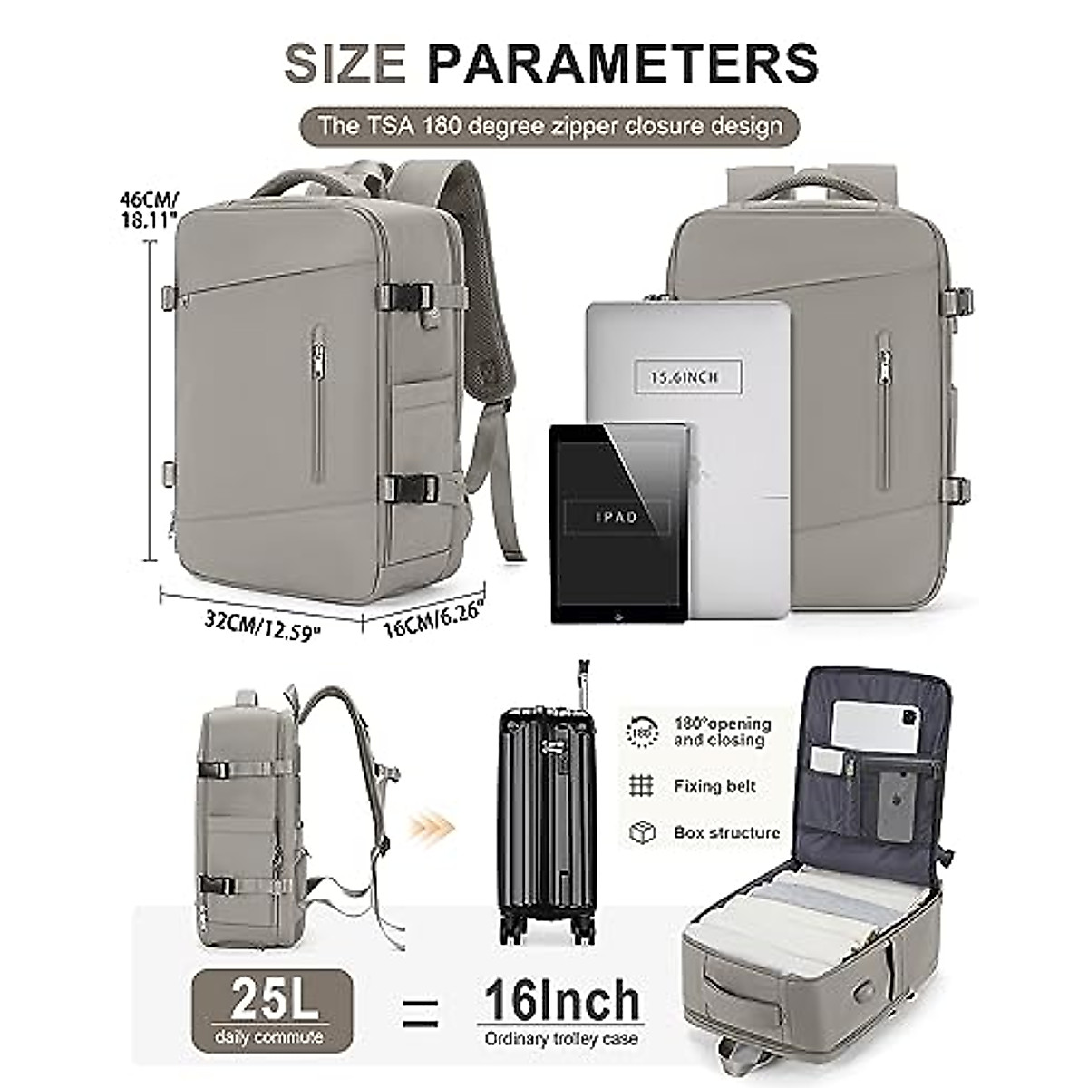 Large Travel Backpack for Women Carry On Airline Flight Approved Expandable Work Personal Item size Backpack Bag with Laptop compartment for College Men Waterproof Hiking Mochila de Viaje GreyBrown