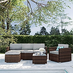 SUNBURY 6-Piece Outdoor Sectional Interwoven Wicker Sofa Patio Furniture Set w 3 Blue White Plaid Pillows, Tempered Glass Coffee Table for Backyard