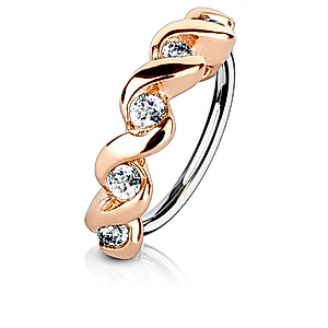 Forbidden Body Jewelry 20g 8mm Rose Gold IP Plated Surgical Steel CZ Set Twisted Design Top Nose Hoop