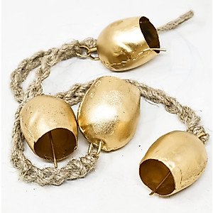 Handmade Brass Finish Hanging Bells for Door Chimes with Jute Rope, Shabby chic decorative bells for christmas 4 bells Wall Décor, winter holiday easter and home decor