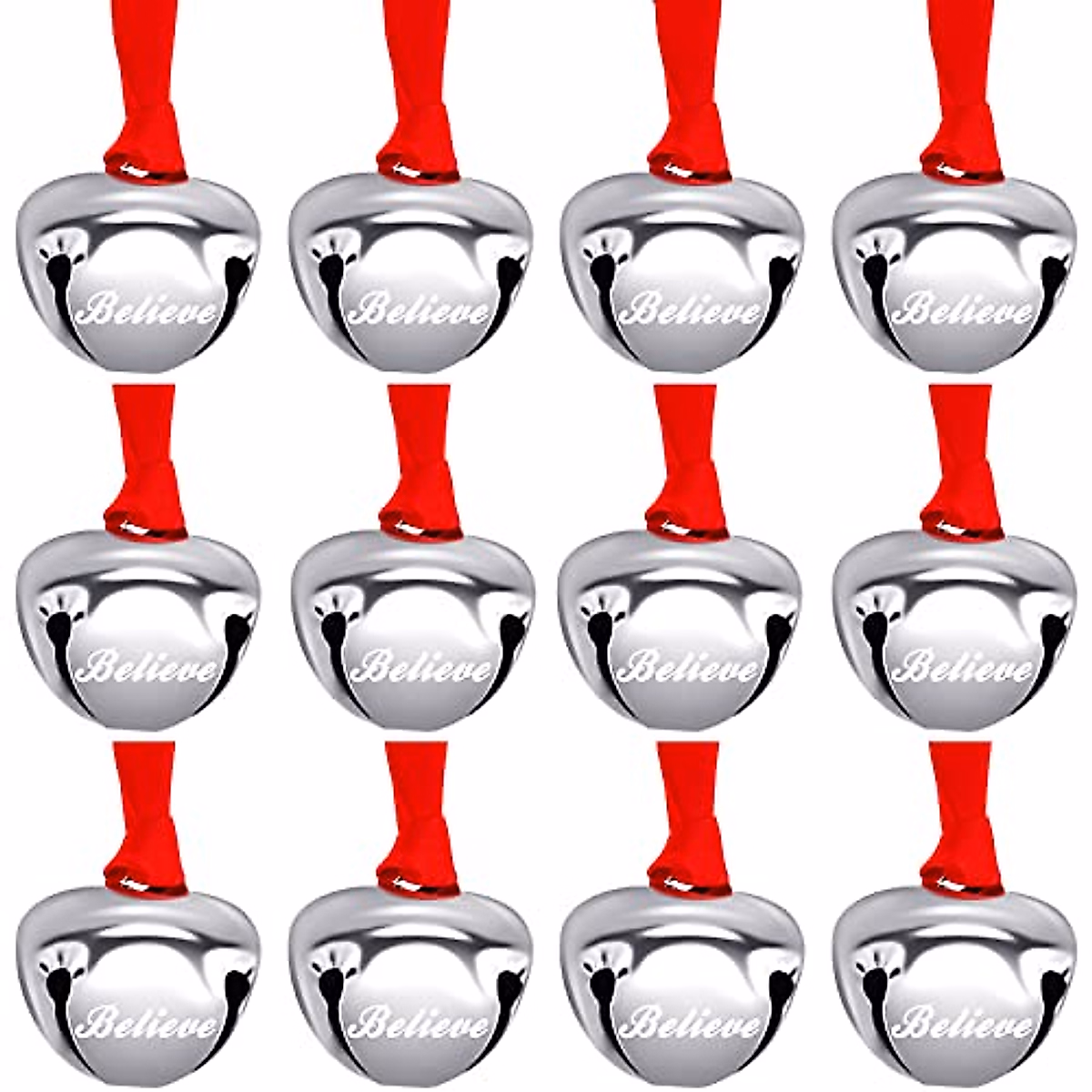 1.5 Inch Believe Bell Ornament Christmas Sleigh Bell with Red Ribbon Metal Christmas Bell Ornament for Christmas Tree Holiday Decoration (Silver, 12 Pieces)