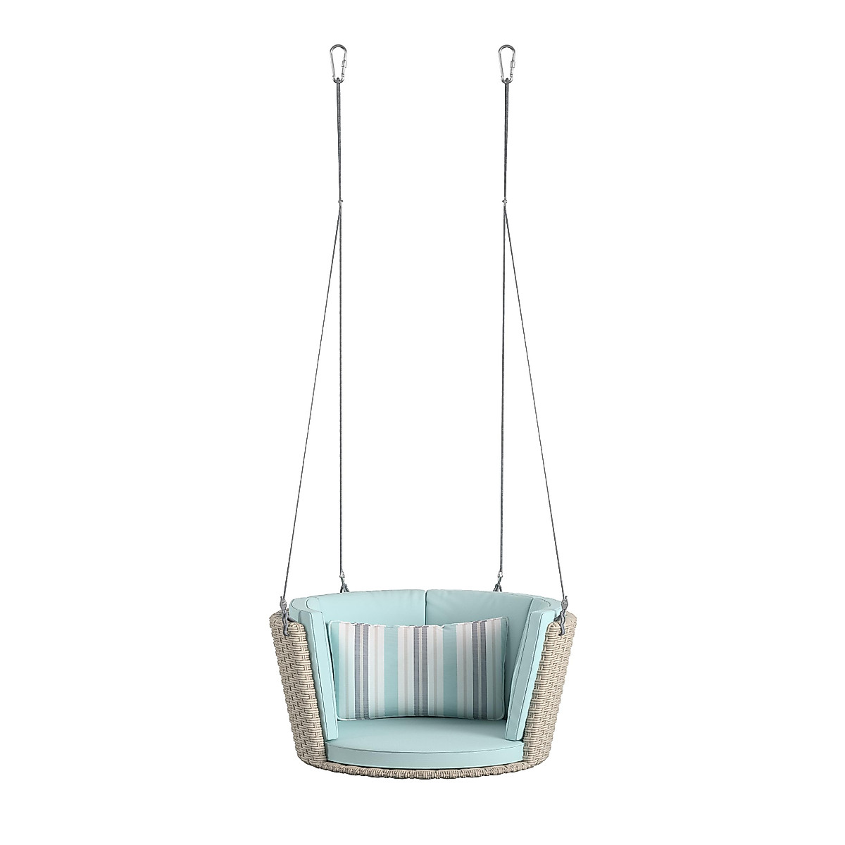 Novogratz Poolside Gossip Collection, Sally Patio Swing, Aqua Haze Cushions, Light Taupe Wicker