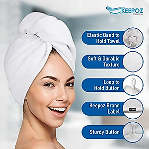 KEEPOZ Hair Towel Wrap Quick Dry 100% Cotton Super Absorbent Turban Head Wrap for Women with Button, Non Microfiber Anti Frizz Hair Products, Hair Cap for Curly, Long & Thick Hair (1Pc)(White)