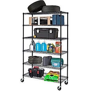 PayLessHere Commercial Grade 6 Tier Adjustable Storage Shelf Heavy Duty Metal Shelf NSF Certified Wire Shelving Unit with Wheels 6000LBS Capacity 18" D x 48" W x 72" H,Black