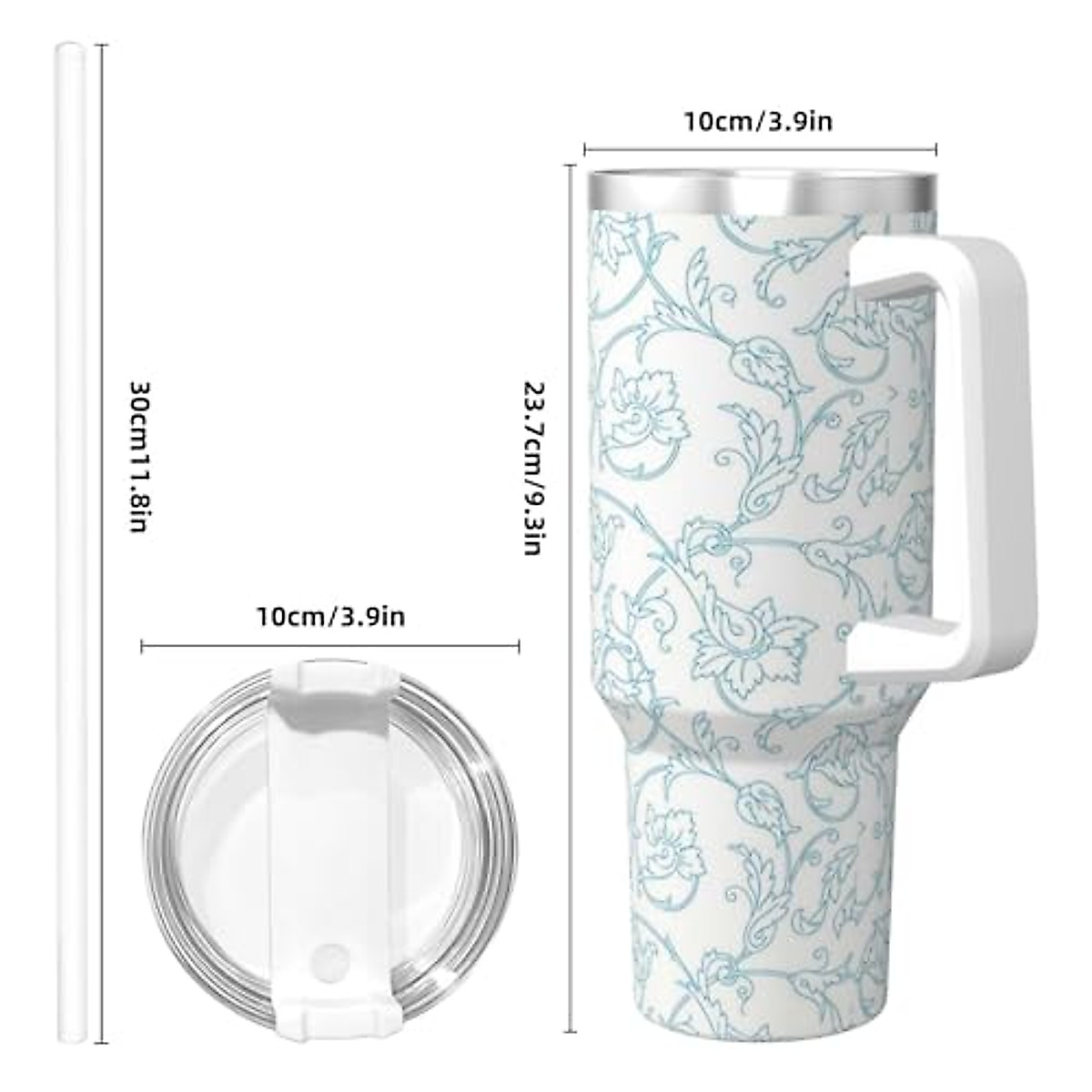 UIANG Floral Stainless Steel Triple Layer Insulated Travel Tumbler with Spill Resistant Lid, Straw, and Carry Handle, BPA Free, 40 oz,Flowers Butterflies Lake Spa,Blue White