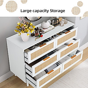 FUQARHY 6 Drawer Dresser Rattan Dresser Modern Chest with Drawers,Wood Storage Closet Dressers Chest of Drawers for Bedroom,Living Room,Hallway (White)