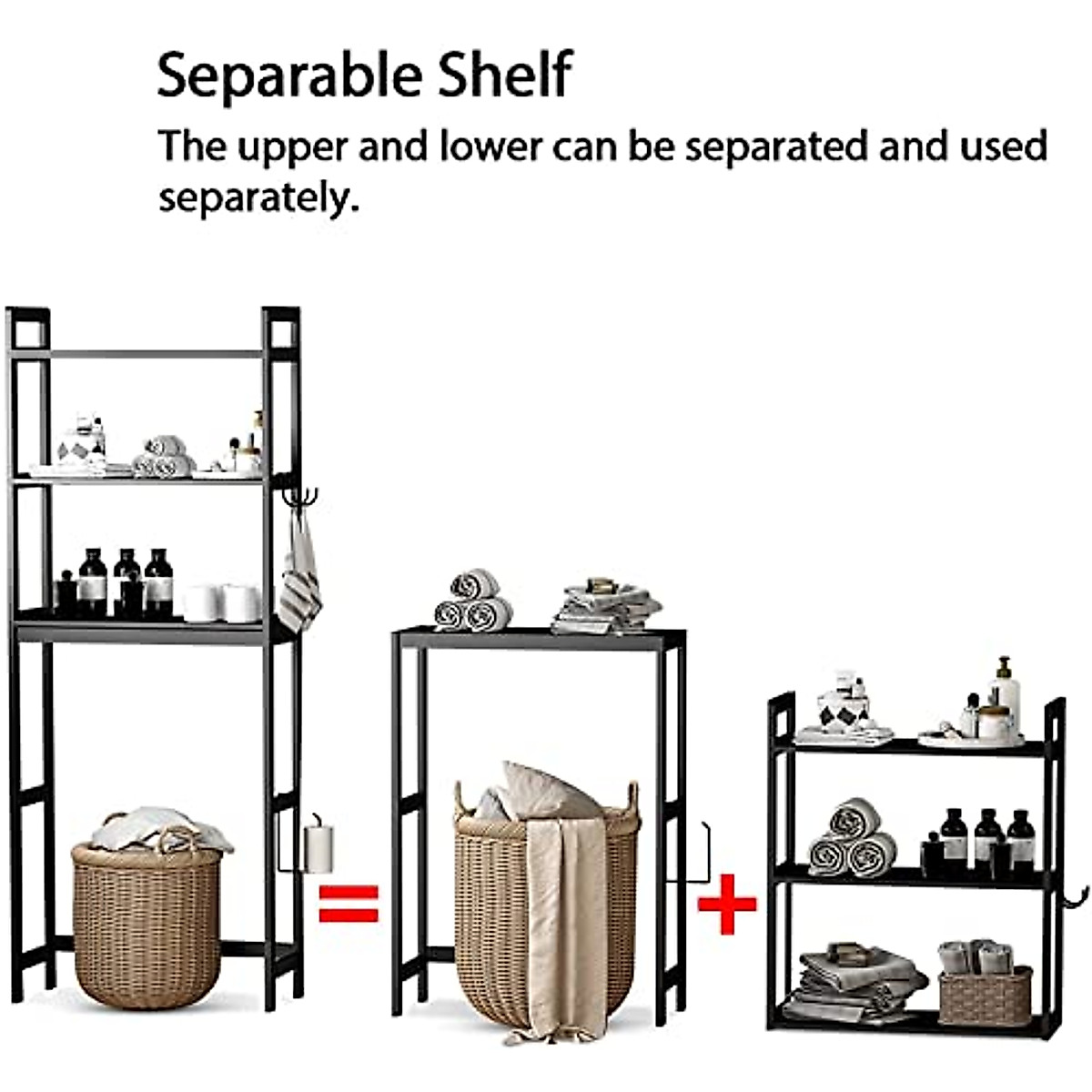 Bonzy Home Over The Toilet Storage Bamboo 3 Tier Bathroom Organizer Space Saver Bathroom Shelf Freestanding Toilet Stands with Hooks, Black