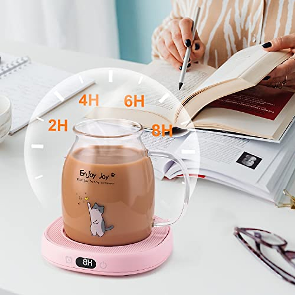 Bsigo Smart Coffee Mug Warmer & Cute Cat Glass Mug Set, Beverage Warmer for Desk Office, Cup Warmer Plate for Milk Tea Water with Time & Temperature Setting(Up to 140℉/ 60℃), 8H Auto Shut Off, Clear