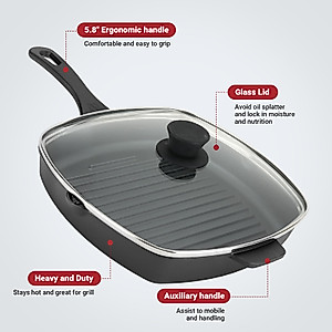 Northriver Casting 10.5 Inch Cast Iron Square Grill Pan with Tempered Glass Lid, Heavy Steak & Bacon Pans for Stove Tops