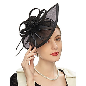 Pillbox Hats 20s 50s Vintage Fascinators for Women with Feather Mesh Veil Headband Bridal Wedding Tea Party (F-Black)