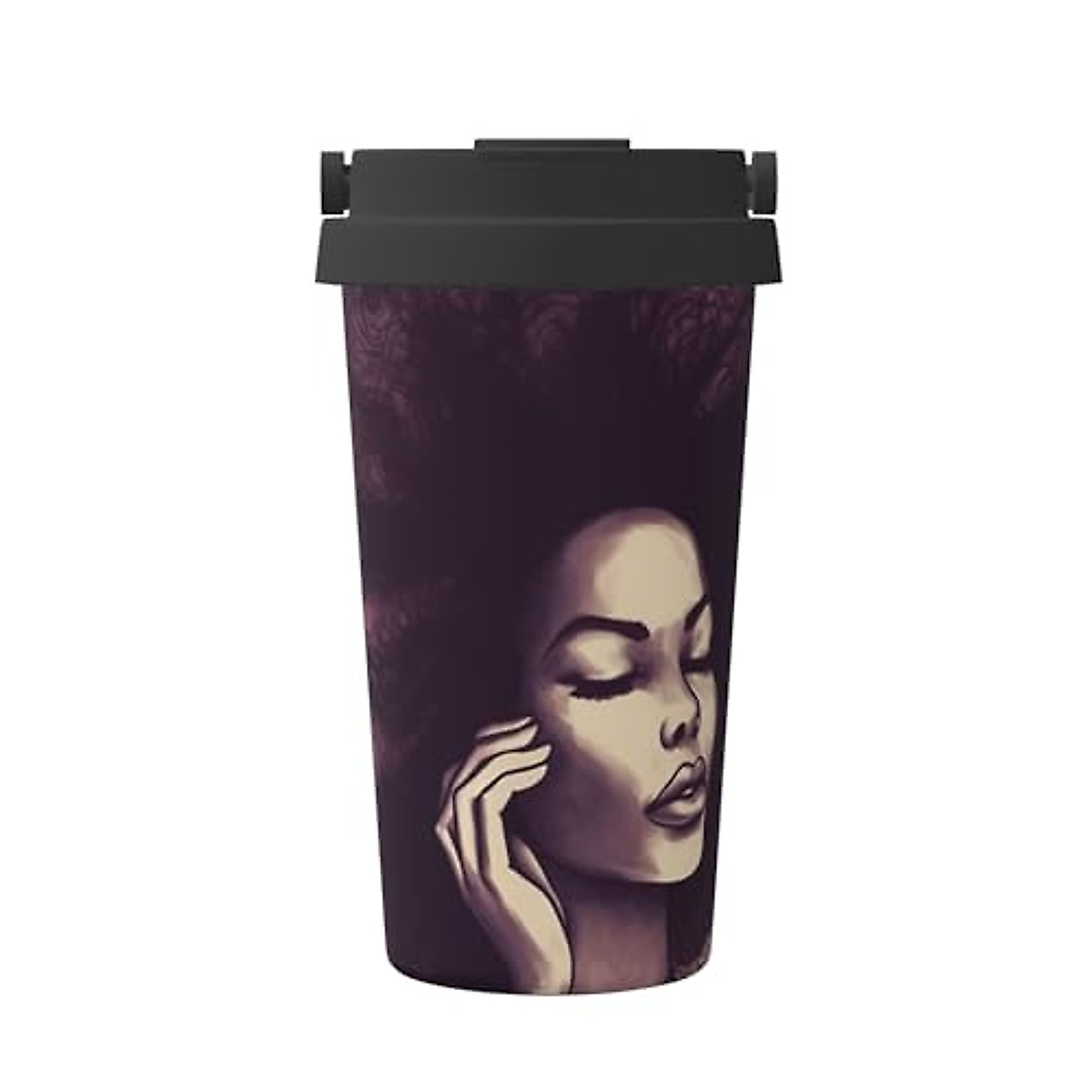 GTKSYNVE Reusable Coffee Mug with Lid and Handle, African Hair Black Women Tumbler for Hot & Cold Drinks 16oz Stainless Steel Insulated Coffee Tumblers Double Wall Vacuum Thermal Cup
