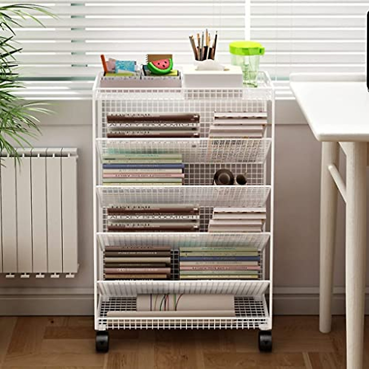 Bookshelf Book Cart, 6-Tier Metal Shelf Rolling Library Cart w/Lockable Wheels Modern Stylish Bookcase Utility Trolley Book Truck for Magazines Files Album Recipe ( Color : White , Size : 42*17*65cm )