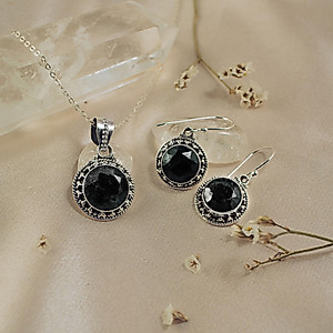 Sivalya AURORA Black Onyx Necklace and Earring Set in Solid Silver - Jewelry Set for Women in 925 Sterling Silver - Natural Teardrop Black Onyx Stones black Gemstone Jewelry- Gift Packaging Included