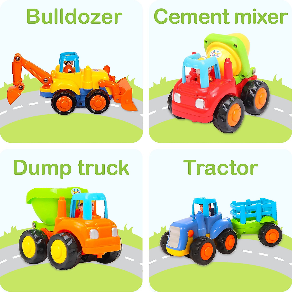 IQ Toys 4 Pack Friction Powered Cars Construction Vehicles for Toddlers, with Car Tractor, Bulldozer, Dumper and Cement Mixer Truck