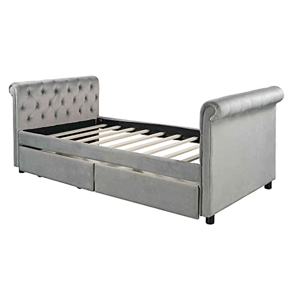 ATY Twin Size Daybed with Two Storage Drawers, Upholstered Sofa Bed Bedframe w/Wood Slat Support, No Box Spring Needed, for Bedroom, Guestroom, Save Space, Gray