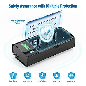 POWXS Smart AA AAA C D 9V Battery Charger, 1000mA Fast Charge, USB or Type-C Input, Independent Charge with Discharge Function(Includes a Free Charger Cable)