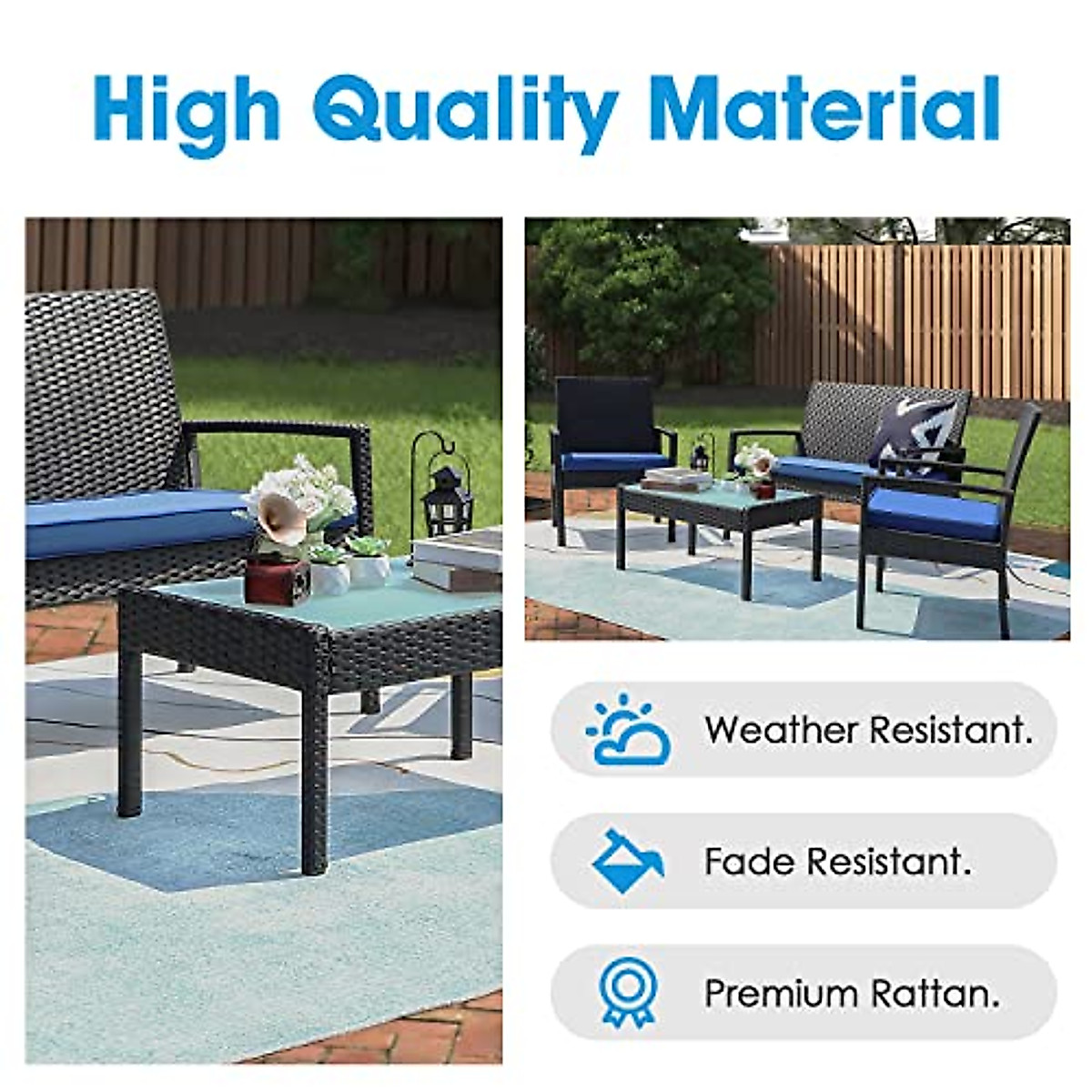 KAWIVAST 4 Pieces Patio Furniture Set, Wicker Patio Furniture Sets, PE Rattan Outdoor Furniture, Outdoor Conversation Sets, Deck Furniture Sets, All-Weather Patio Furniture