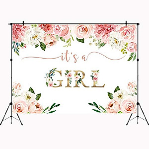 Aperturee It's a Girl Baby Shower Backdrop Watercolor Pink Floral Photography Background 7x5ft Flower Baby Girl Party Decorations Photo Booth Photoshoot Props Banner Supplies