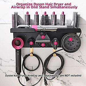 Airwrap Holder for Dyson Wall Mount Holder for Dyson Hair Dryer Airwrap Hair Styler, 2in1 Dyson Airwrap Holder Dyson Hair Dryer Stand to Organize 5 Dyson Blow Dryer Attachments Black, Uemusi