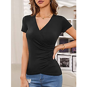 GUBERRY Black Shirts for Women Deep V Neck Short Sleeve Sexy Wrap Top T Shirt