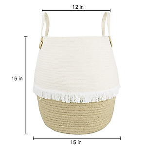 LA JOLIE MUSE Woven Blanket Basket Living Room, Decorative Nursery Laundry Hamper for Clothing Plant Toys Storage, Large Cotton Rope Basket with Jute, 16”15”12”,Off White & Jute
