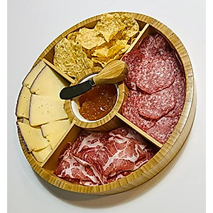 ProSky Chips and Dip Serving Dish, Bamboo Chip and Dip Platter with Dip Cup for Salsa and Spreader Knife, Chip and Dip Bowl Wood, Taco Dip Tray, Appetizer Serving Set, Dip Bowls and Tray Set