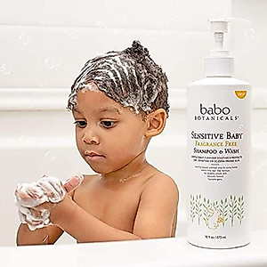 Babo Botanicals Sensitive Baby Fragrance-Free 2-in-1 Shampoo & Wash - with Natural Oat Protein, Shea & Cocoa Butter - EWG Verified & Hypoallergenic - 16 fl. oz.