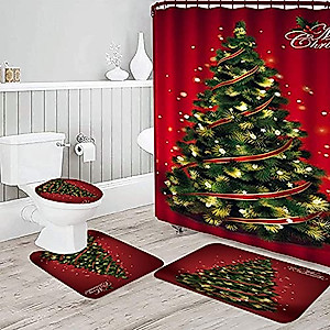WISREMT Christmas Shower Curtain 4 Piece Sets with Non-Slip Rugs, Toilet Lid Cover and Bath Mat, Santa Elk Xmas Tree Truck Waterproof Shower Curtain with 12 Hooks Bathroom Set Holiday Home Decor
