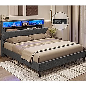 ADORNEVE Queen LED Bed Frame with Outlet and USB Ports, Queen Bed Frame with Storage Headboard, Modern Platform Bed with Storage & LED Lights, No Box Spring Needed, Easy Assembly, Dark Grey