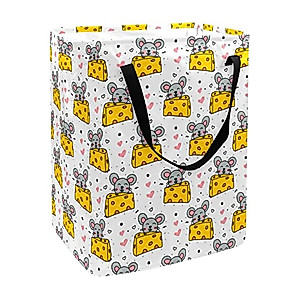 Laundry Baskets with Handles Foldable Doodle Mouse and Cheese Print Storage Hamper for Adult Kids Teen Bedrooms Bathroom Dirty Clothes Sorter