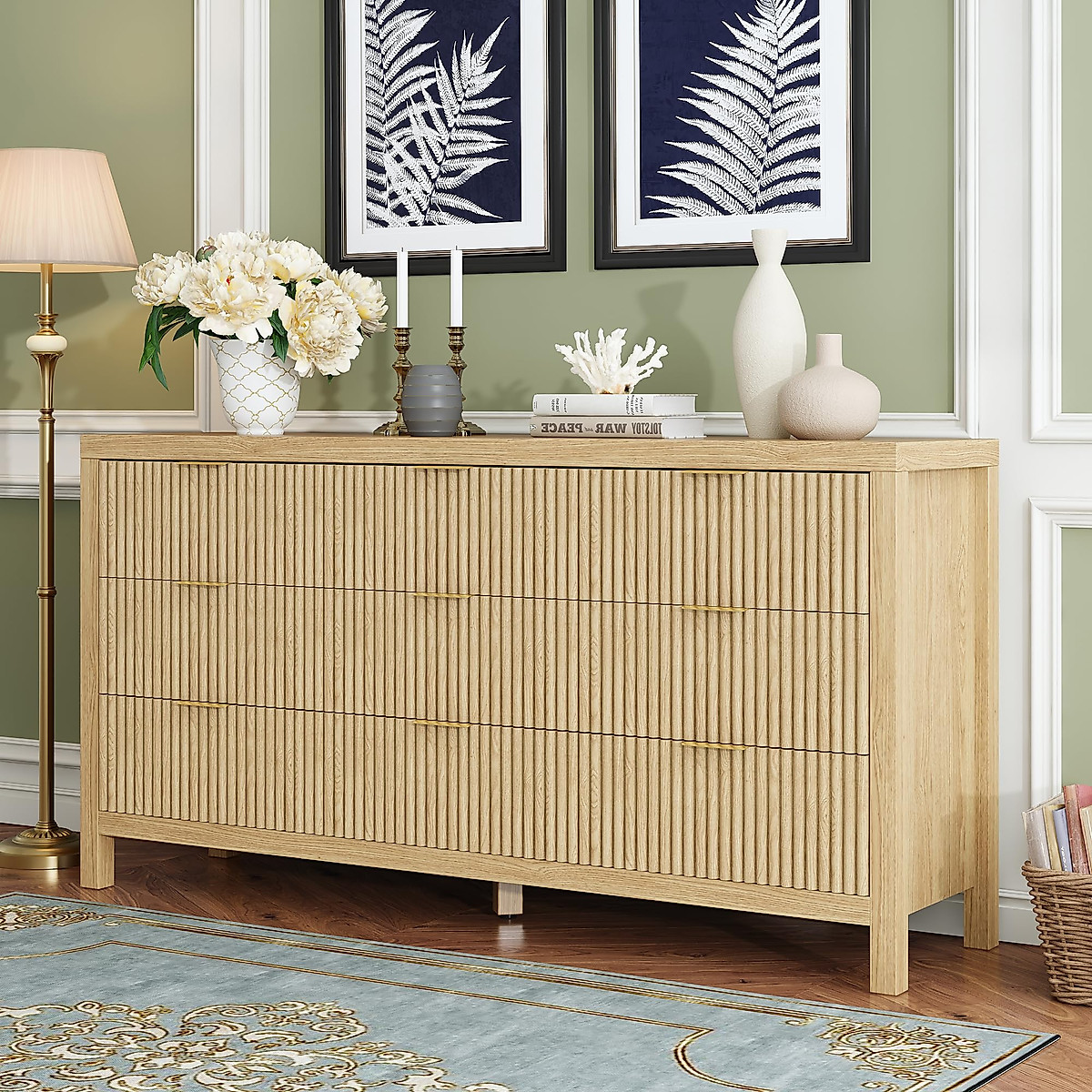 JZXSHD 9 Drawers Dresser, Modern Large Chest Mid Century Modern Dresser TV Stand, Storage Organizer Dresser with Solid Natural Wood Legs for Bedroom, Living Room, Hallway, Natural Oak