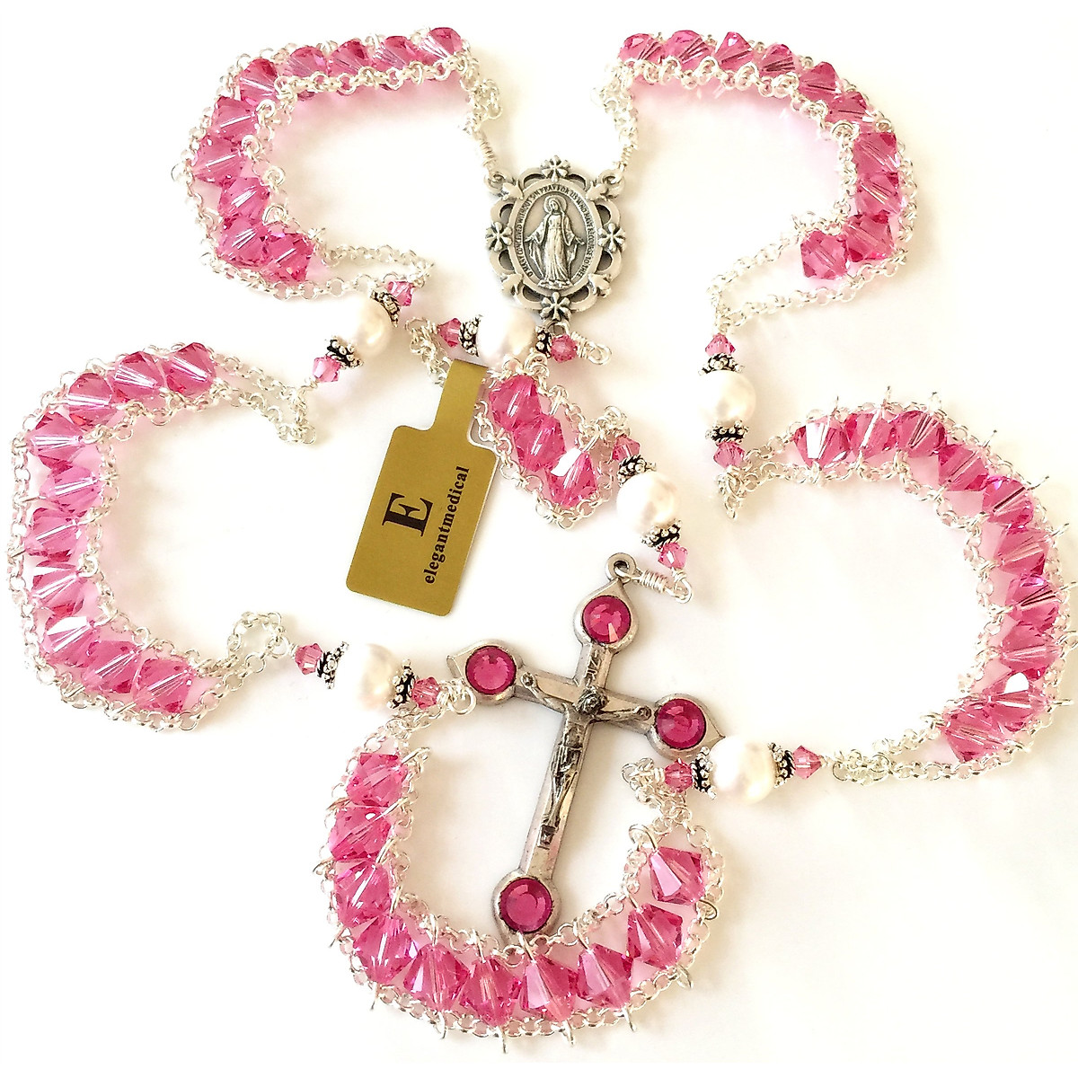 elegantmedical Ladder to Heaven Rose Pink Crystal & AAA10MM Real Pearl BEADS CATHOLIC ROSARY CROSS NECKLACE Sterling Silver beads caps