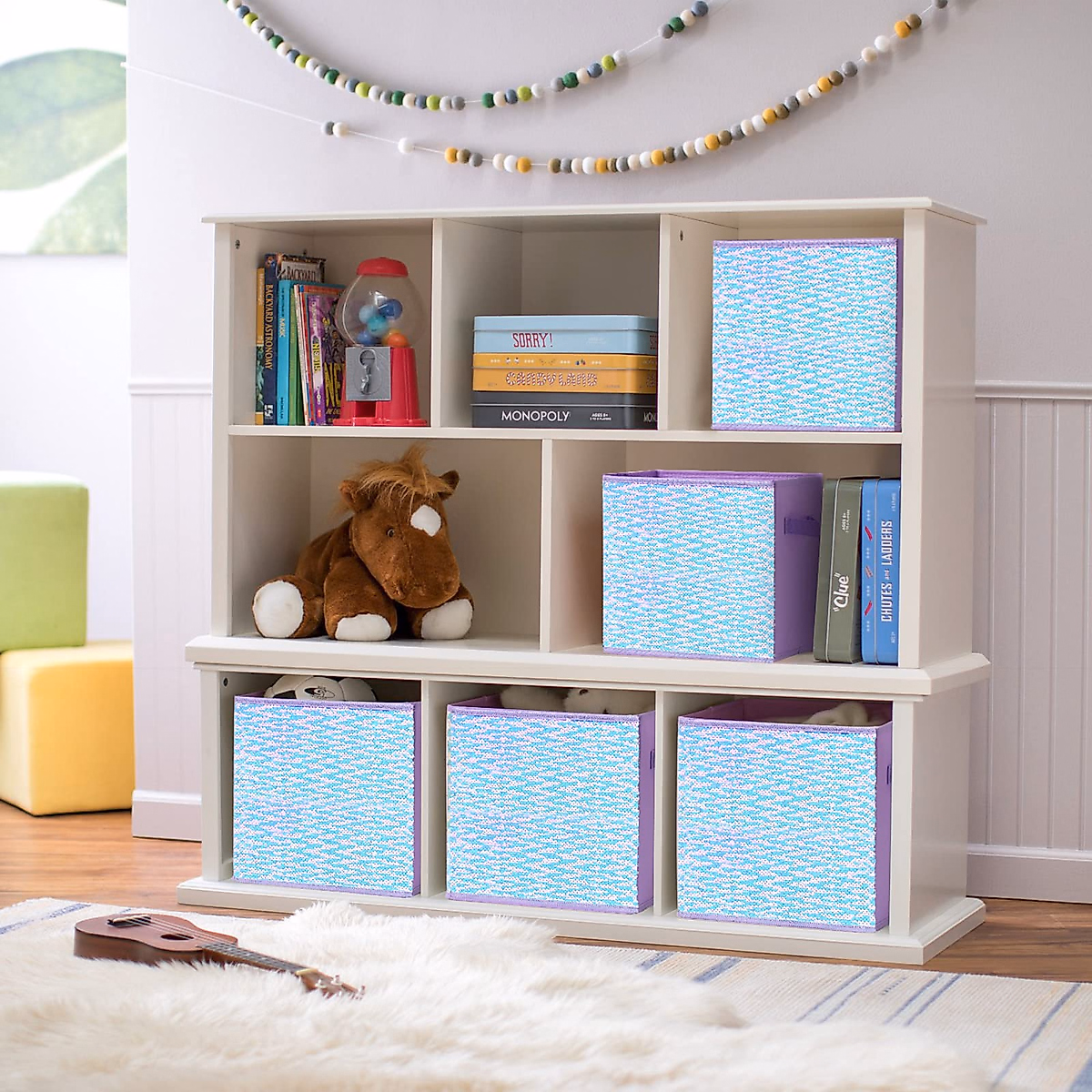 ELUCHANG Foldable Sequin Storage Basket Bin Closet Cubes Kids Toys Organizer Boxes, Collapsible Fabric Cubby Storage Bins for Girls,Organizing,Babies,Nursery,Shelves 11x11x11 (Purple,4PCS)