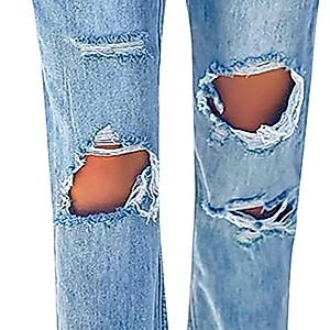 Maiyifu-GJ Women Pull On Distressed Denim Joggers Drawstring Elastic Waist Ripped Stretch Jeans Hole High Waist Stretch Pants (Blue,Small)