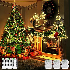 3 Pack Christmas Window Star Lights, 45 LED Deer Lights Battery Operated Window Decorations 8 Modes with Remote Controls for Home Party Garden Indoor Outdoor Decor(Warm White)